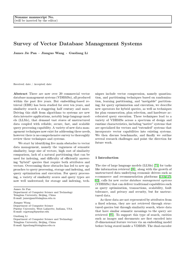 Survey of Vector Database Management Systems: Noname Manuscript No | PDF | Norm (Mathematics ...