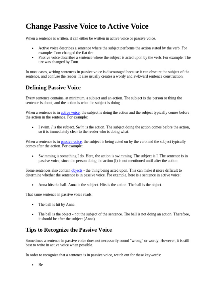 Change Passive Voice to Active Voice | PDF | Subject (Grammar) | Verb