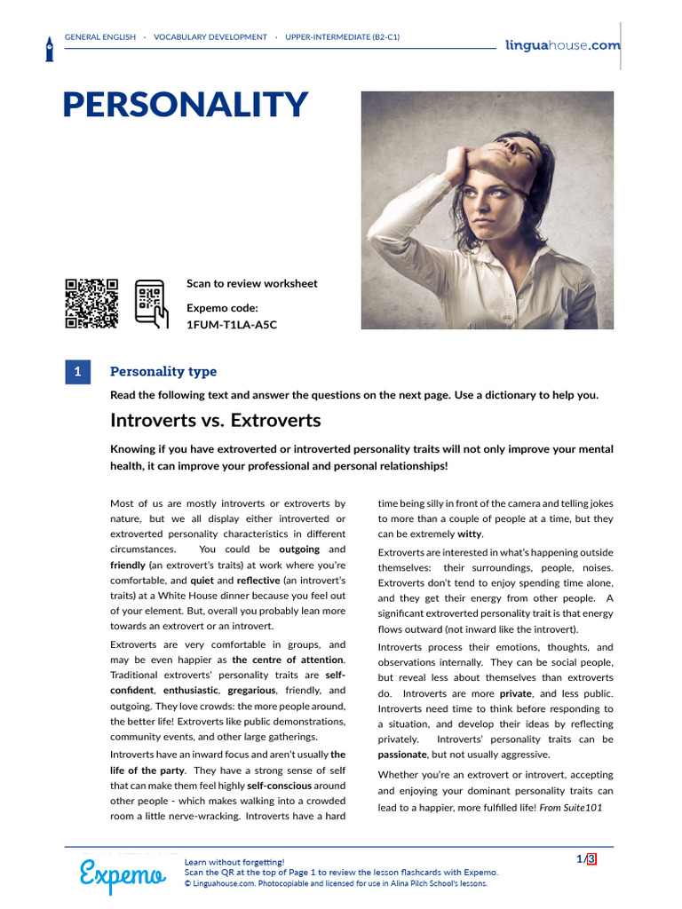 Personality British English Student B2 C1 | PDF | Extraversion And Introversion | Psychology