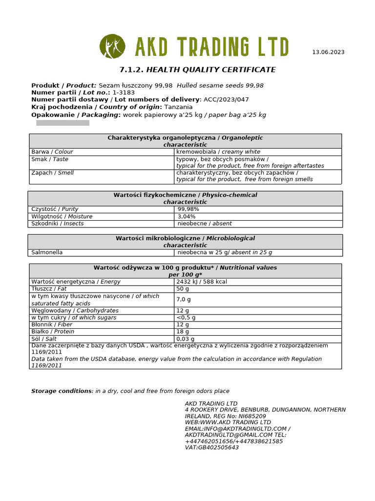 Sesame Certificate of Analysis AKD TRADING | PDF