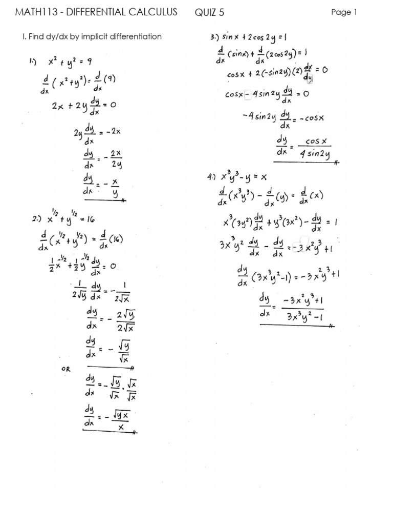 MATH113 DIFFERENTIAL CALCULUS Midterm DAY 5 Quiz 5 Answer key w solution 2024-2025 | PDF