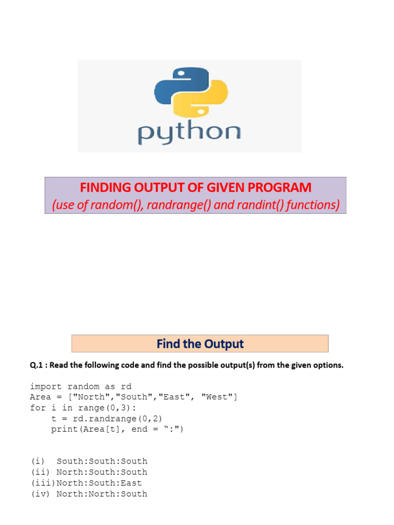 XIICSFINDING OUTPUTrandomrandrangerandint Functions | PDF