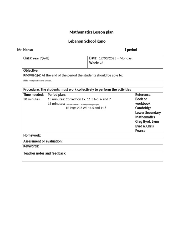 Year 7 Mathematics Lesson Plan | PDF | Integer | Mathematics