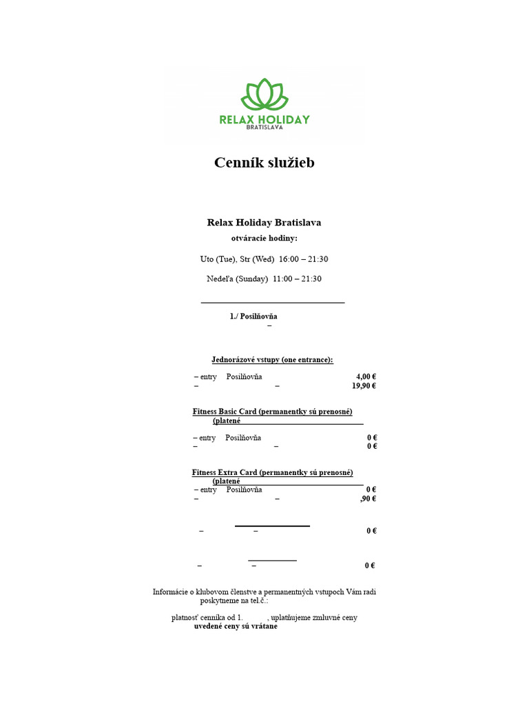 Cennik Sluzieb Relax Centrum Relax Holiday | PDF