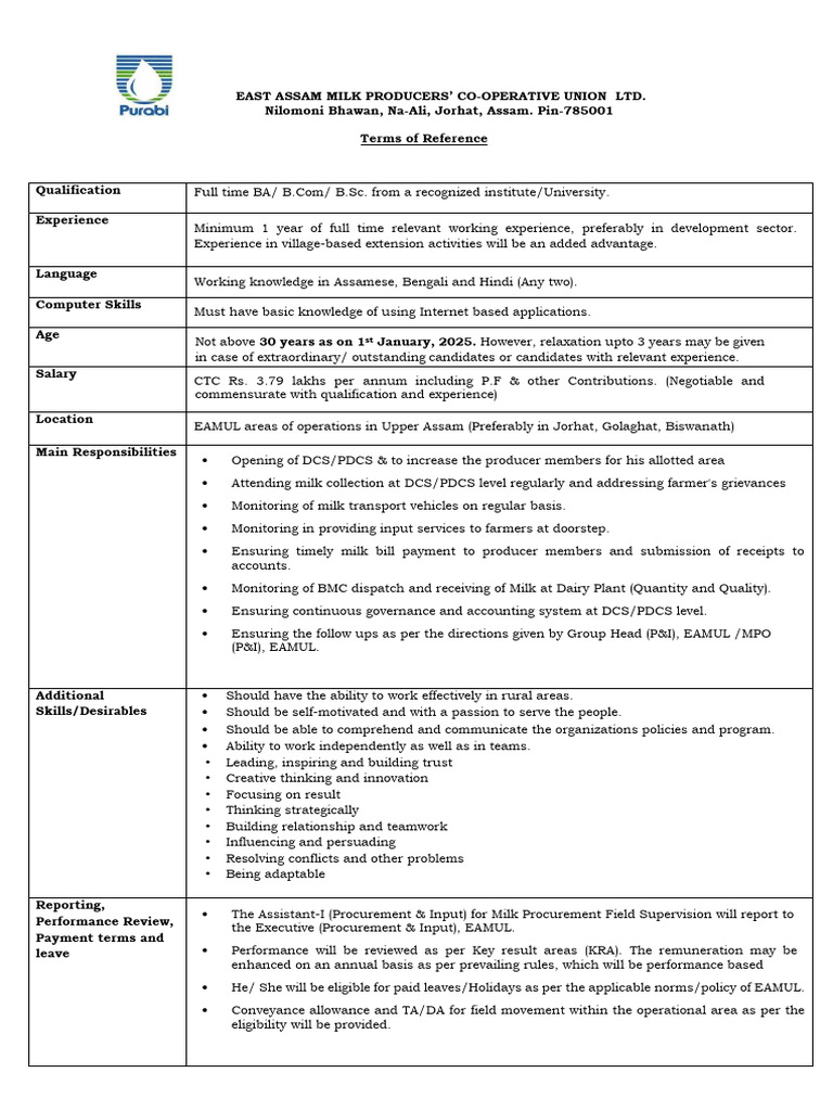 Assistant-I (Procurement & Input) - TOR & Application Form | PDF