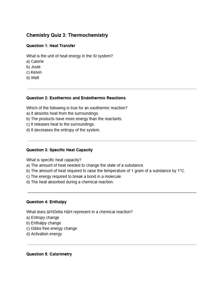 Thermochemistry Quiz: Heat & Reactions | PDF