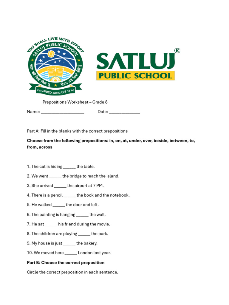 Grade 8 Prepositions Worksheet | PDF