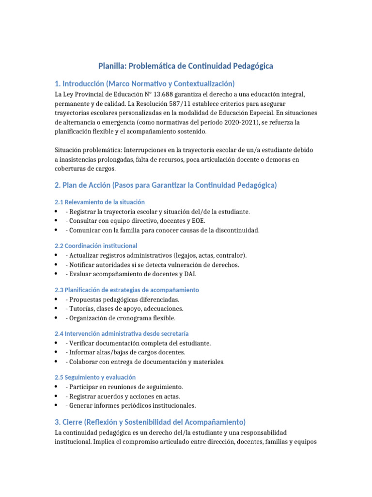 Planilla Continuidad Pedagogica | PDF