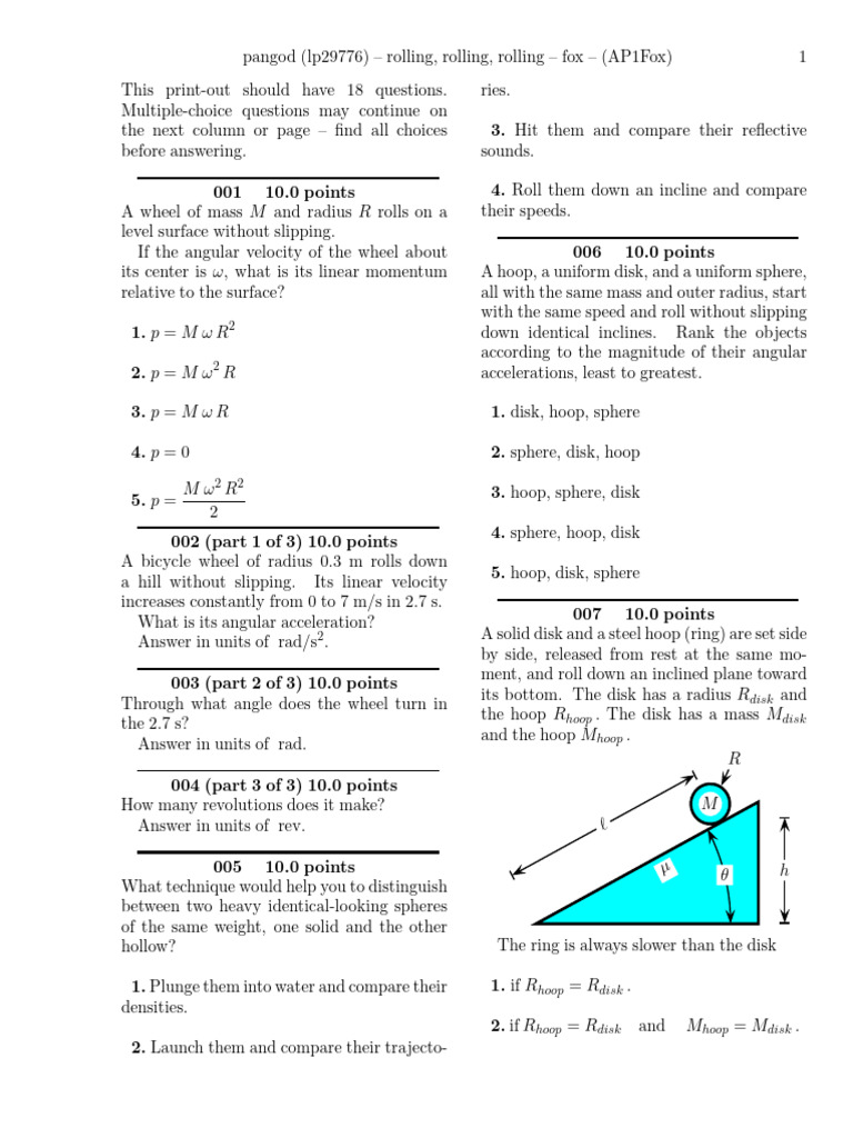Rolling Motion and Angular Acceleration Questions | PDF | Acceleration ...