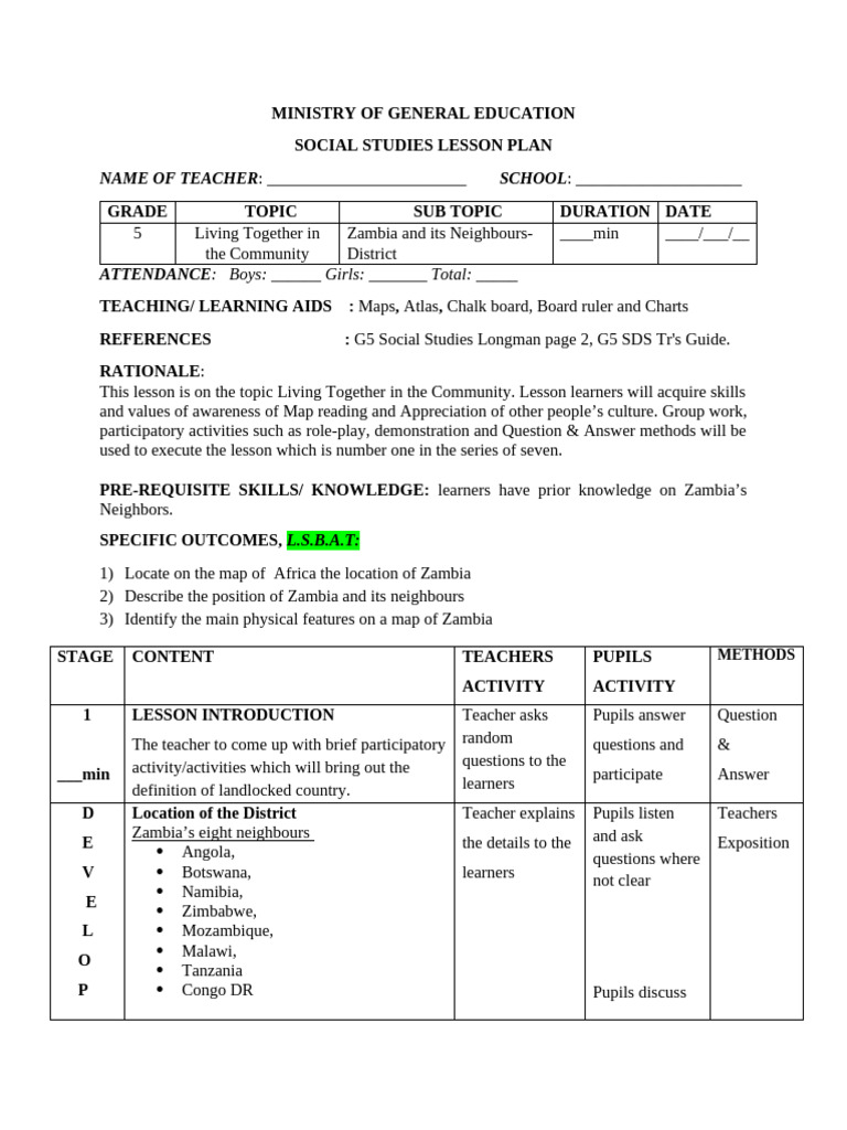 G5 Social Studies Lesson Plans | PDF | Zambia