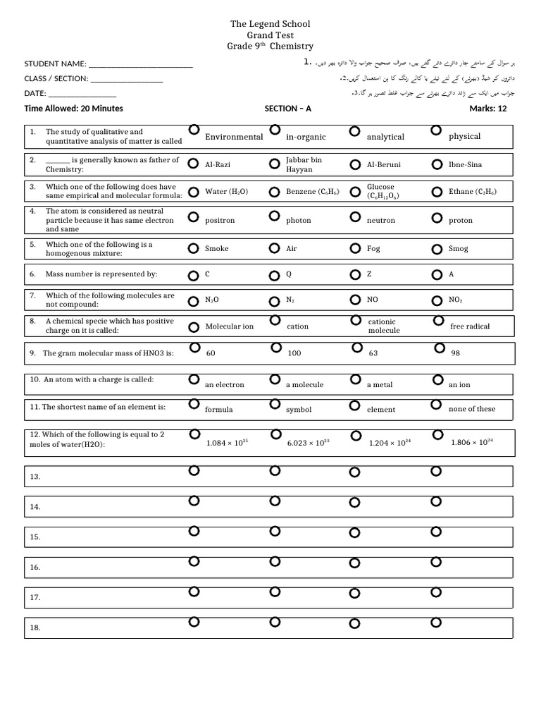 Grade 9 Grand Test Chapter 1 | PDF | Mole (Unit) | Molecules