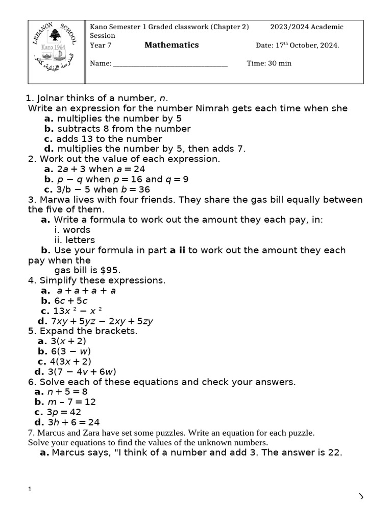 Graded Classwork Chapter 2 | PDF