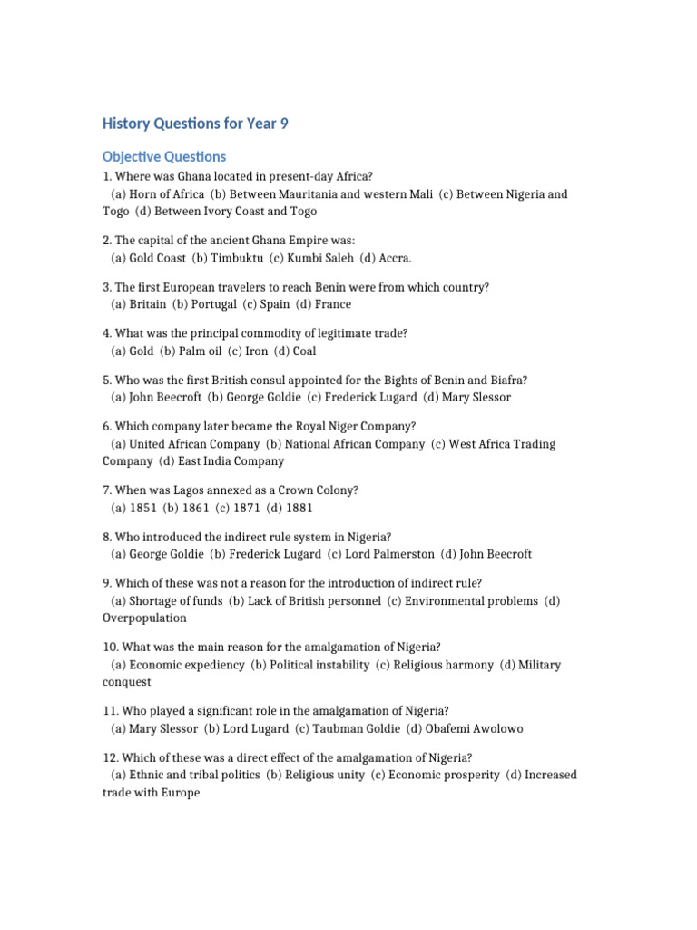 Year 9 History Questions: Nigeria & Africa | PDF | Nigeria | West Africa