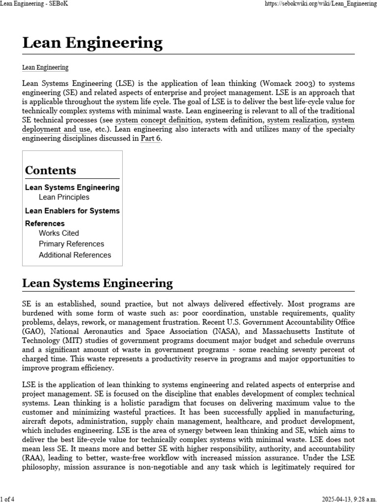 Lean Engineering. (n.d.) In Guide to the Systems Engineering Body of Knowledge [SEBoK] | PDF ...