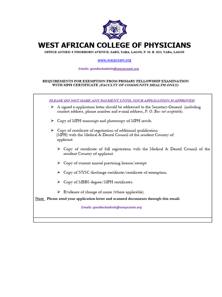 Requirements For Exemption From WACP Primary With MPH Cert Community ...