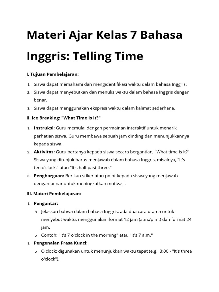 Materi Telling Time Kelas 7 Inggris | PDF