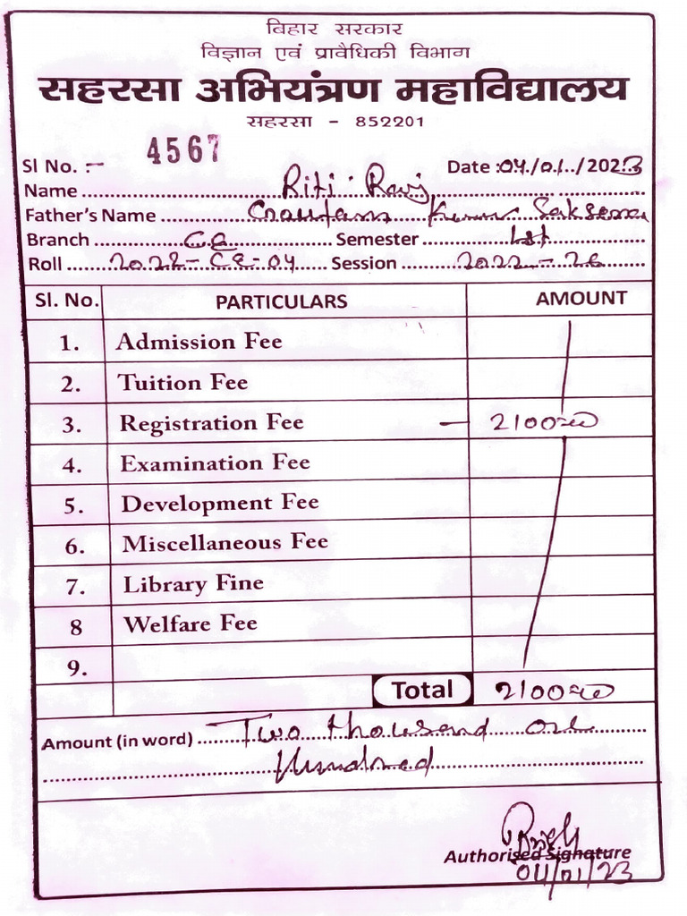 1st Sem Registration Bill | PDF