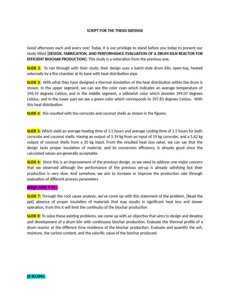 Script For The Thesis Defense | PDF | Pyrolysis | Physical Sciences