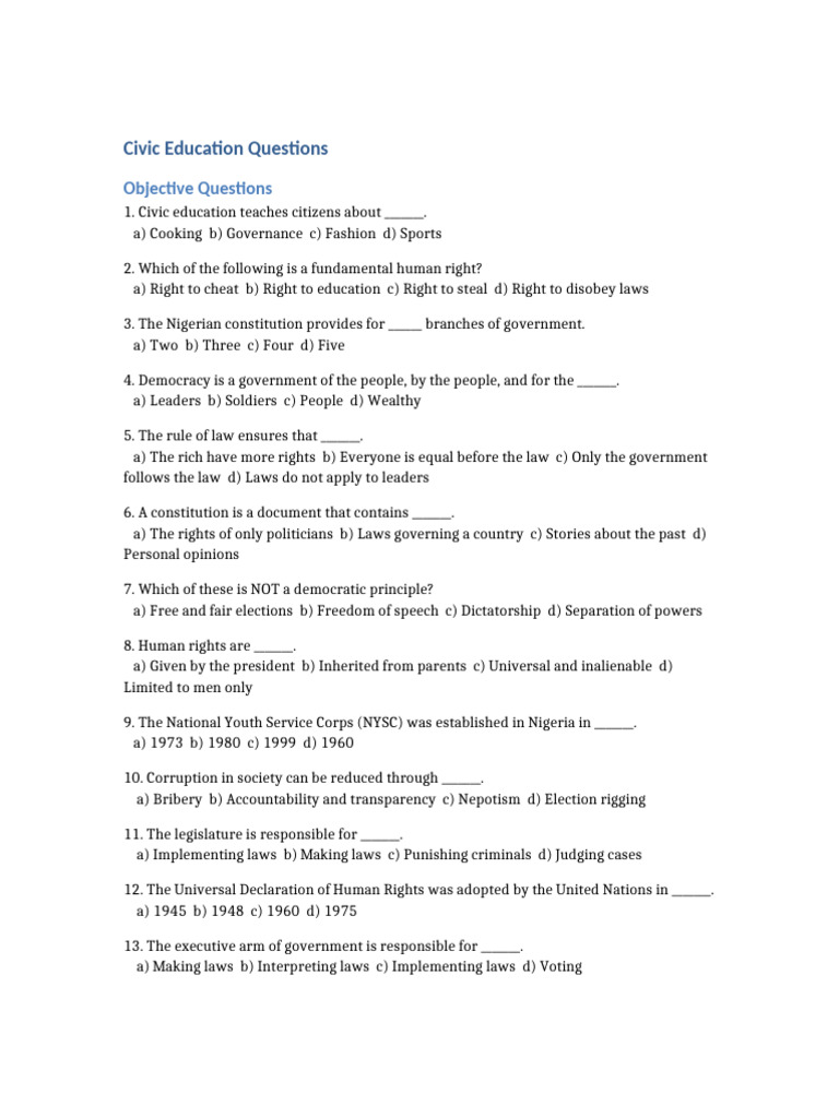 Civic Education Questions Updated | PDF | Democracy | Political Ideologies