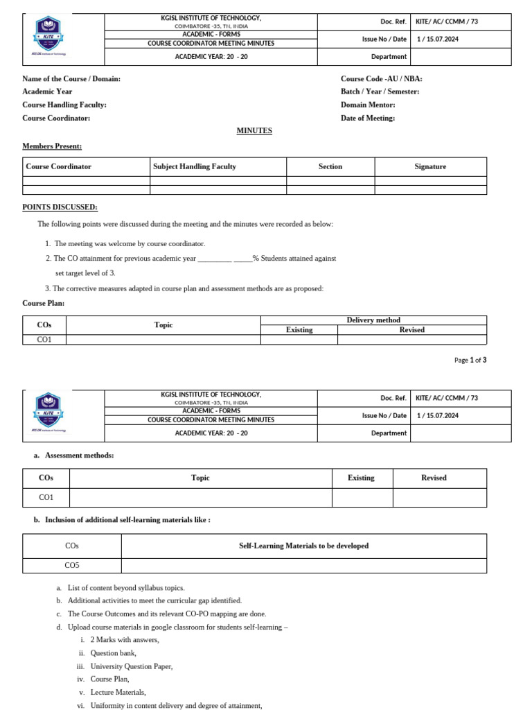 25 A. Course Coordinator Meeting-I - Minutes - (THEORY) | PDF ...