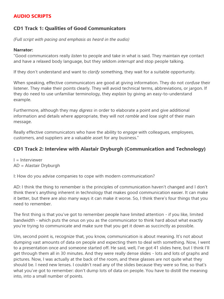 UNIT 1 Communication (Audio Script) | PDF | Jargon