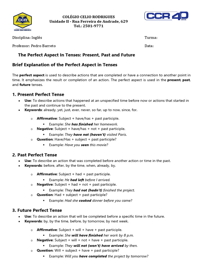 The Perfect Aspect in Tenses | PDF | Perfect (Grammar) | Grammatical Tense