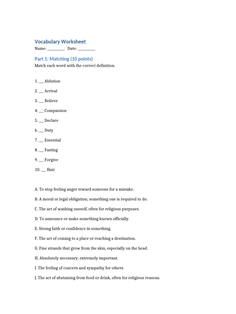 Vocabulary Worksheet | PDF