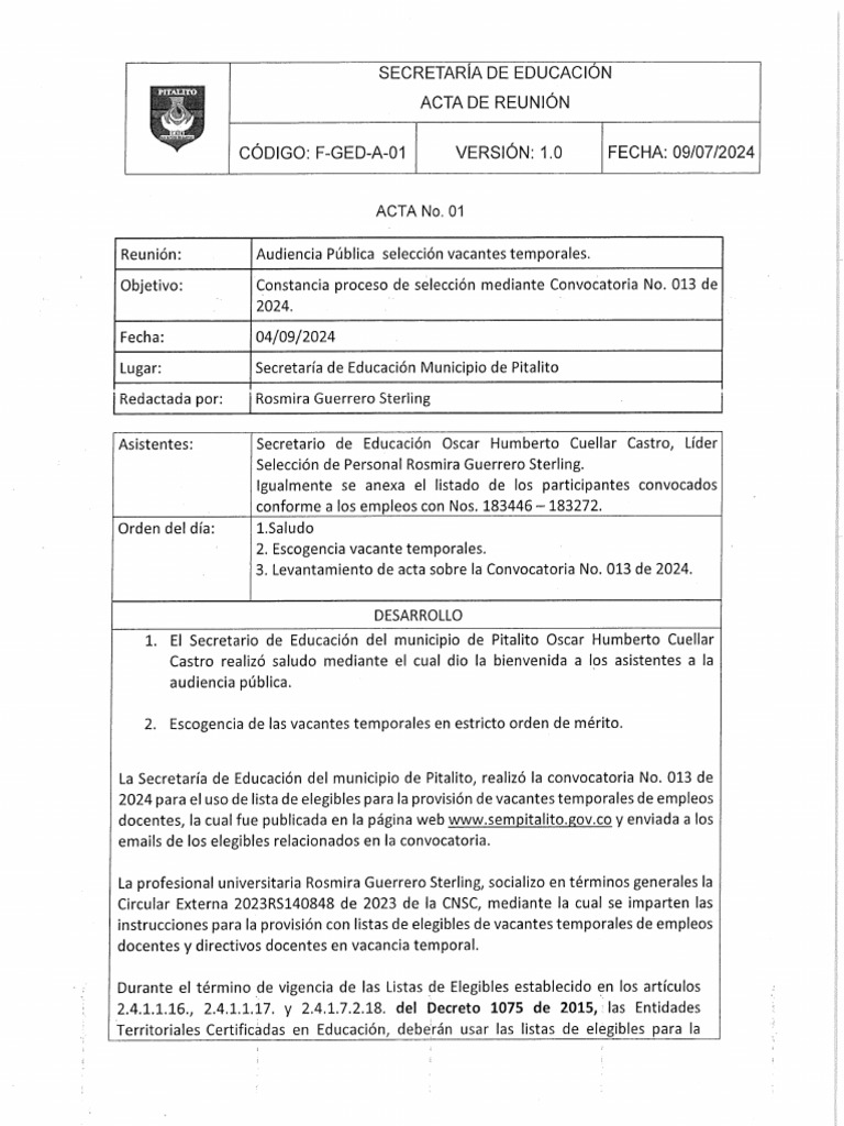 Acta 01 Conv 013 2024 | PDF