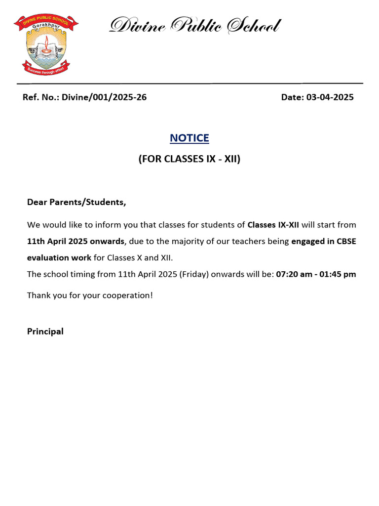 Notice For Classes IX - XII 2025-26 | PDF