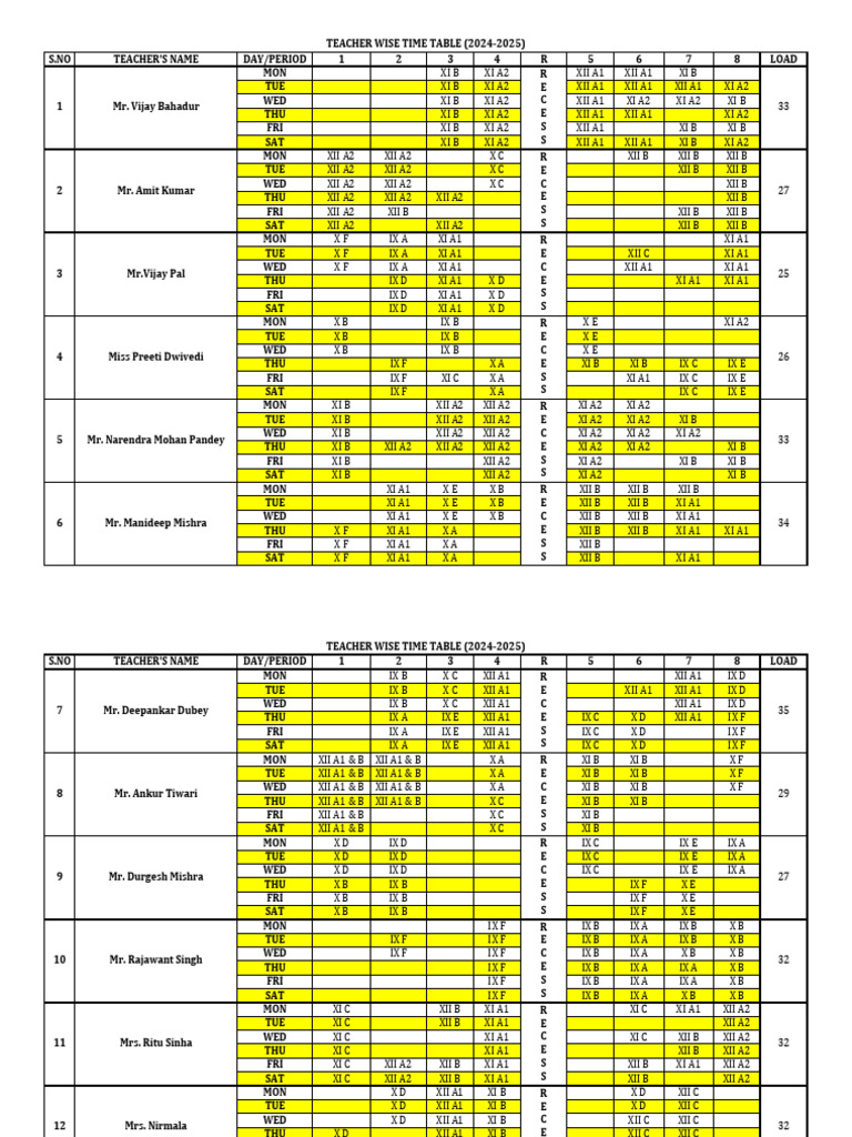 Teachers Time Table (2025-2026) | PDF