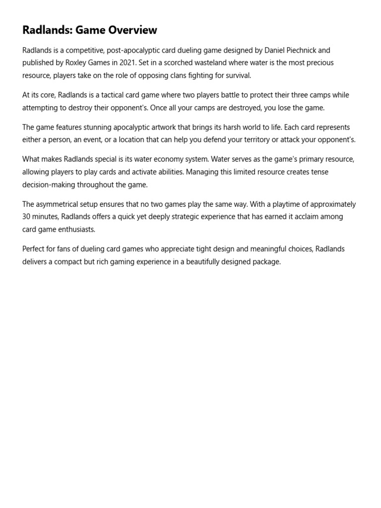 Radlands Overview - Post-Apocalyptic Card Dueling | PDF