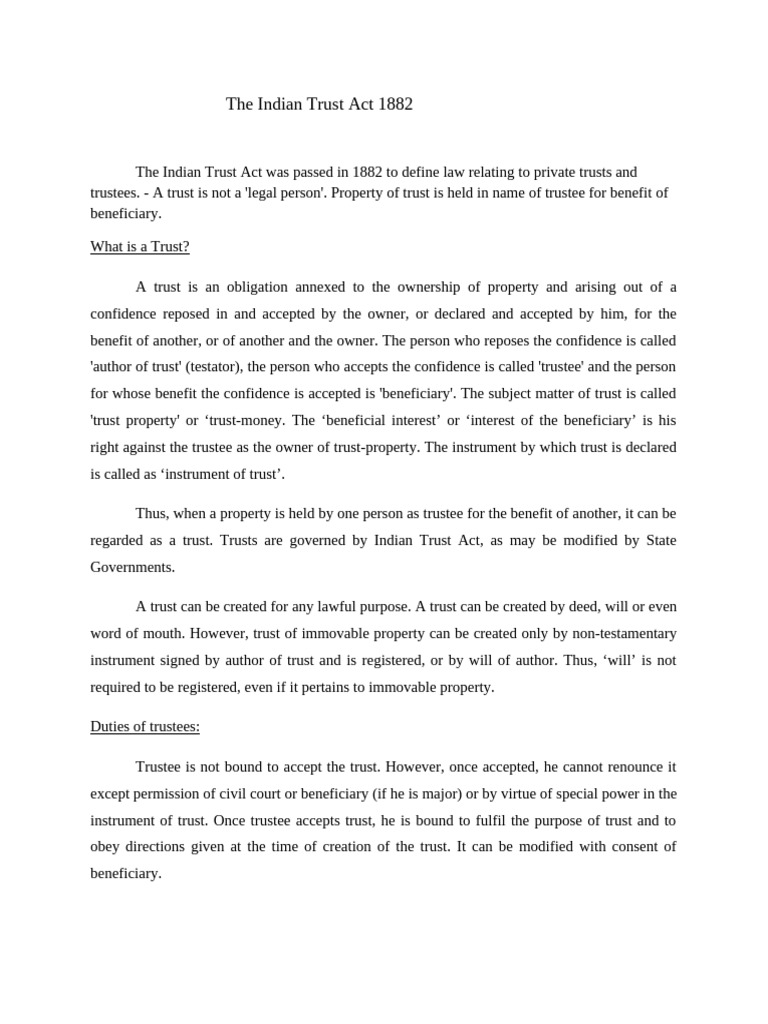 The Indian Trust Act 1882 | PDF | English Trust Law | Trustee