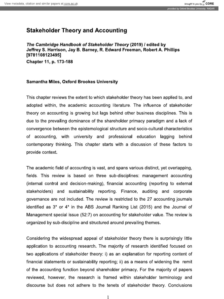 Miles - in Stakeholder Theory and Accounting | PDF