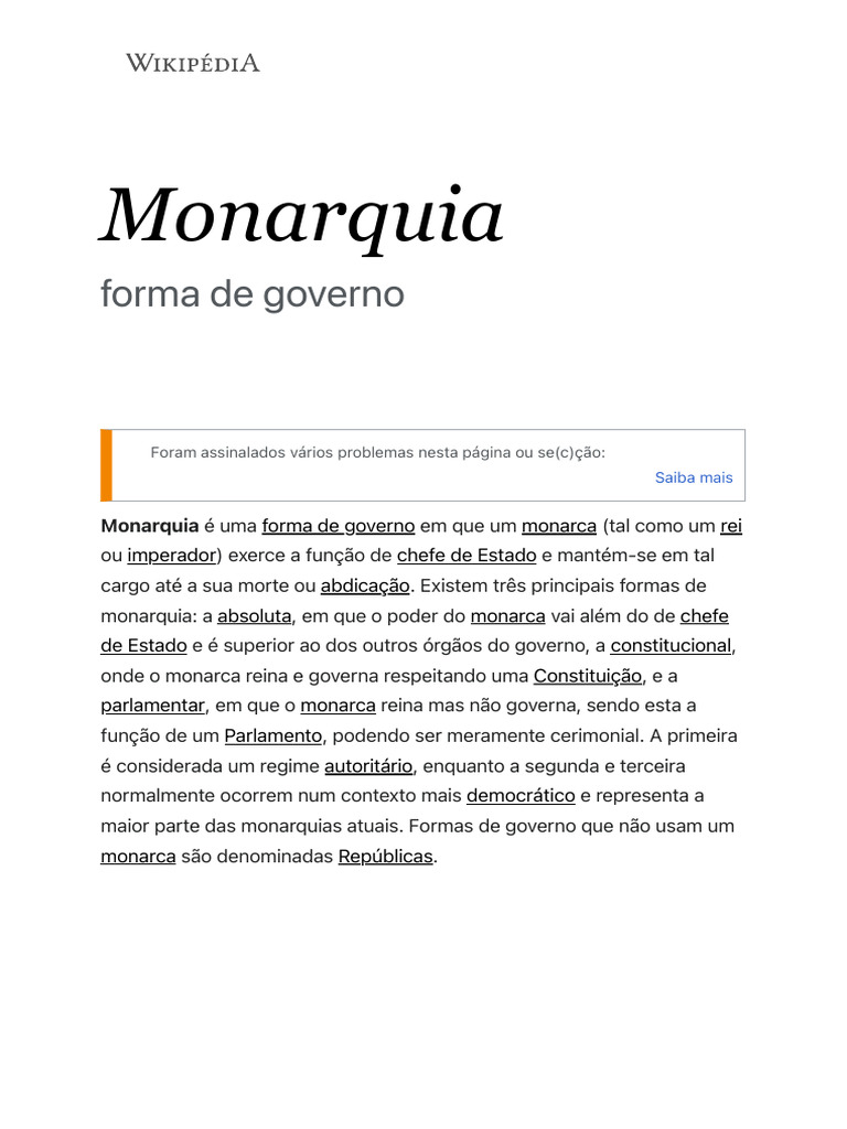 Monarquia - Wikipédia, A Enciclopédia Livre | PDF | Monarquia | Monarca