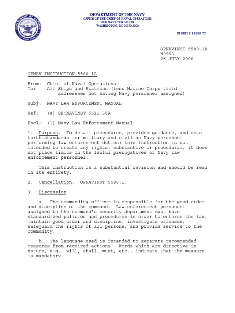 Opnavinst 5580.1 Navy Law Enforcement Manual | PDF | Naval Criminal ...