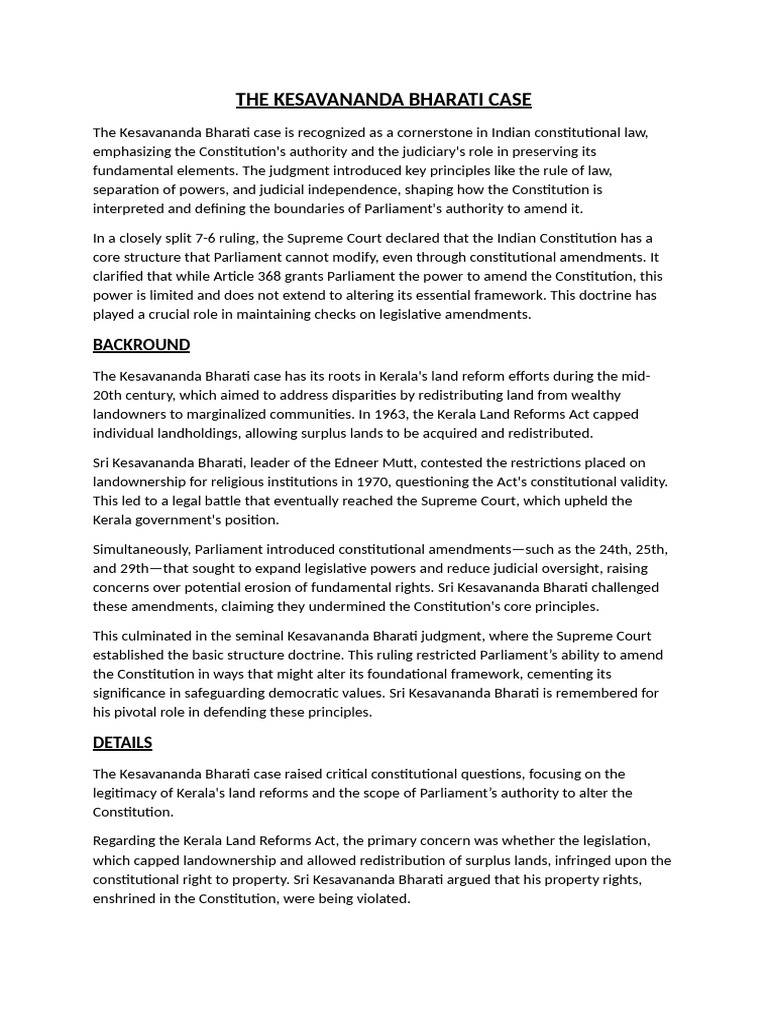 Kesavananda Bharati Case Overview | PDF | Political Science | Governance
