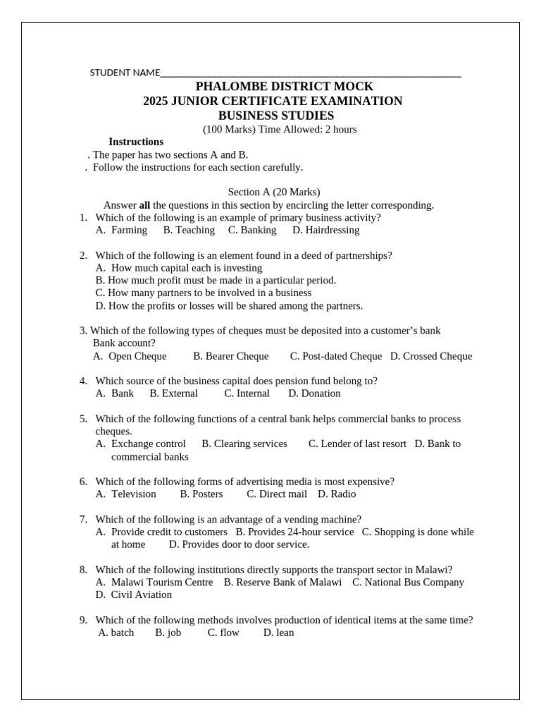 Phalombe Business Studies 2025 Jce Mock Question Paper | PDF | Banks ...
