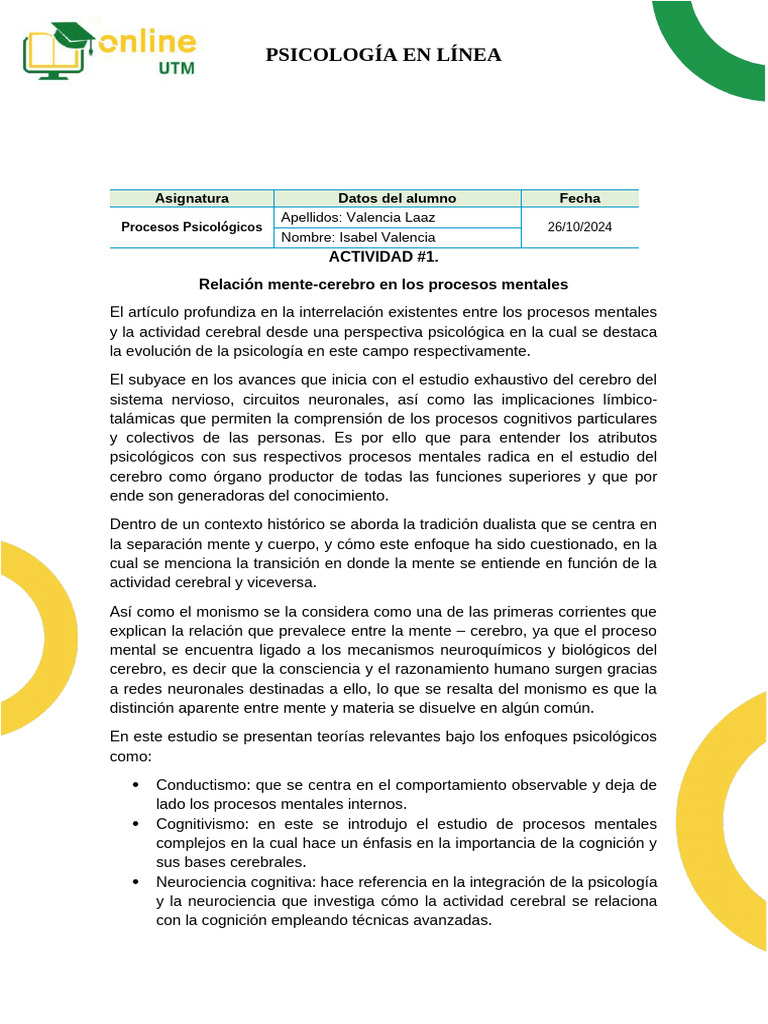 Plantilla Tareas - PROCESOS PSICOLOGICOS | PDF | Sicología | Mente