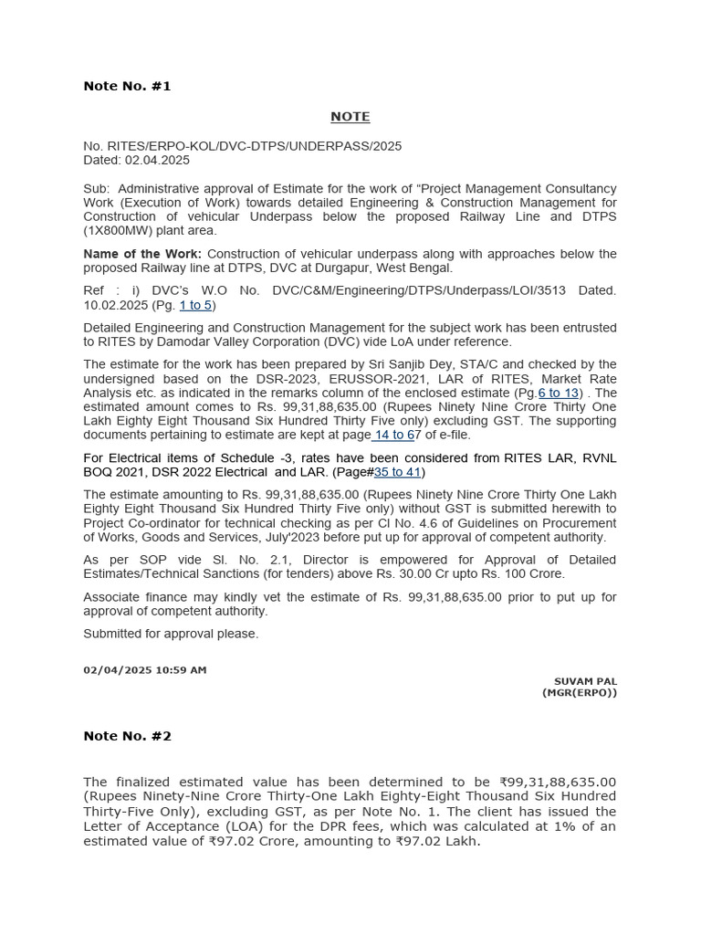 DVC Underpass Project Estimate Approval | PDF | Economy Of India