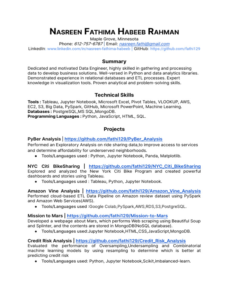 NasreenFathima Resume July24-2022 | PDF | Databases | Apache Spark