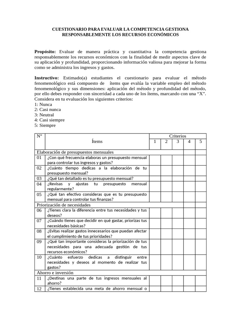 Cuestionario para Evaluar La Competencia Gestiona Responsablemente Los Recursos Económicos | PDF ...