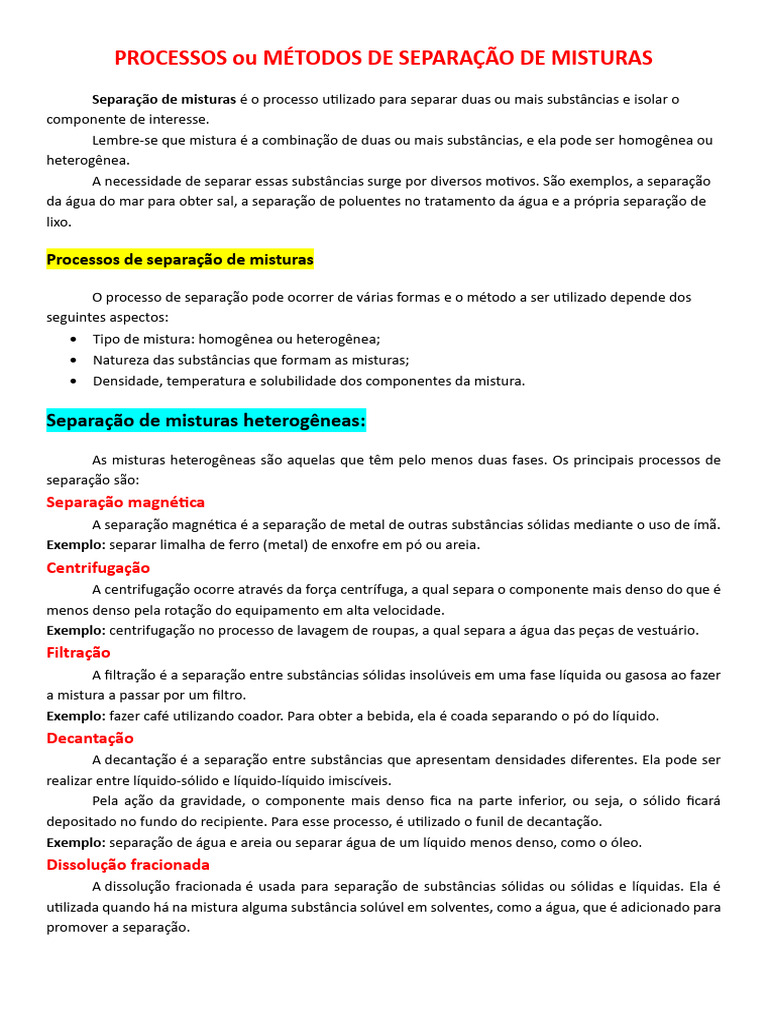 Métodos de Separação de Misturas | PDF | Mistura | Química