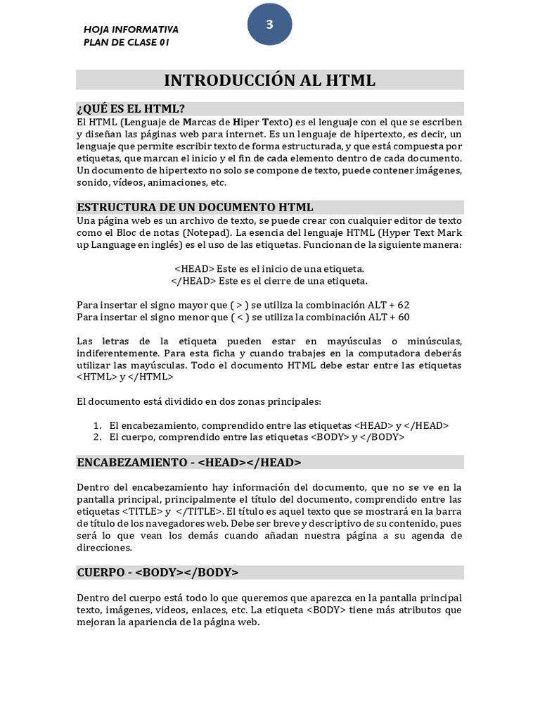 Hoja Informativa 01 - INTRODUCCIÓN AL HTML | PDF | HTML | Red mundial