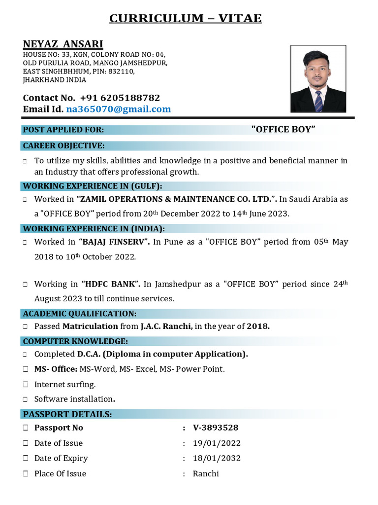 Neyaz Ansari Office Boy CV | PDF