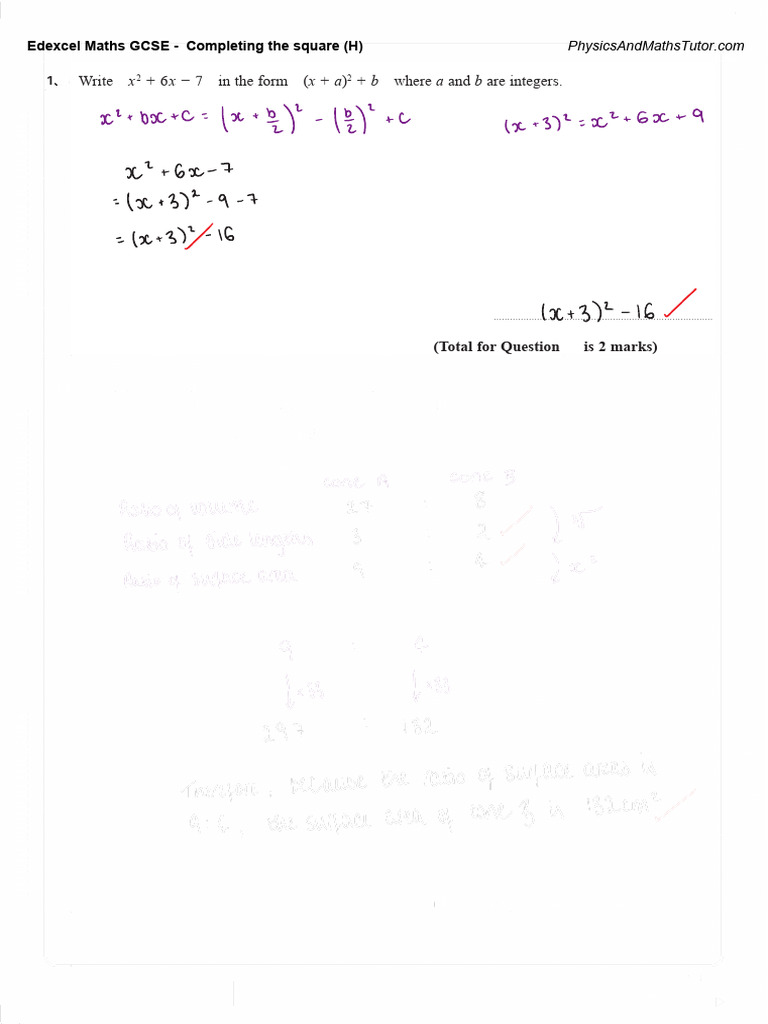 Edexcel Maths GCSE: Completing the Square | PDF | Student Assessment ...
