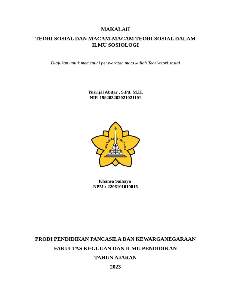 Makalah Teori Sosial, Khansa Saihaya 2206101010016 | PDF