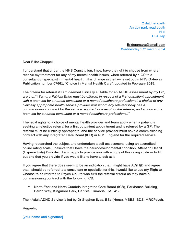 Letter To GP Right To Choose ADHD | PDF | Attention Deficit ...