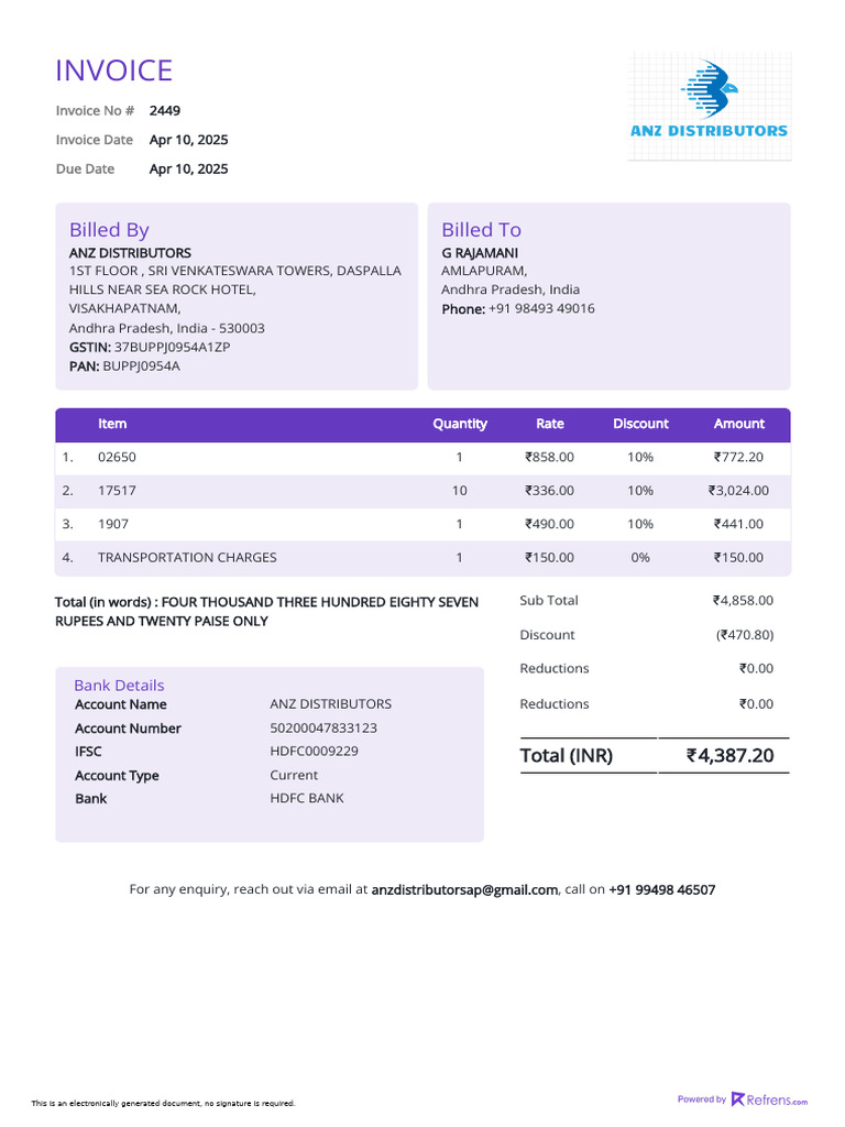 Proforma 2449 Anz Distributors G Rajamani | PDF | Economies | Currency