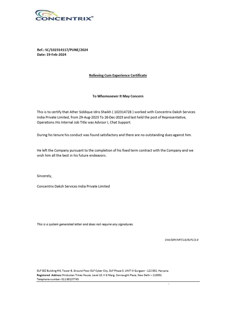 Ather's Concentrix Reliving Letter | PDF