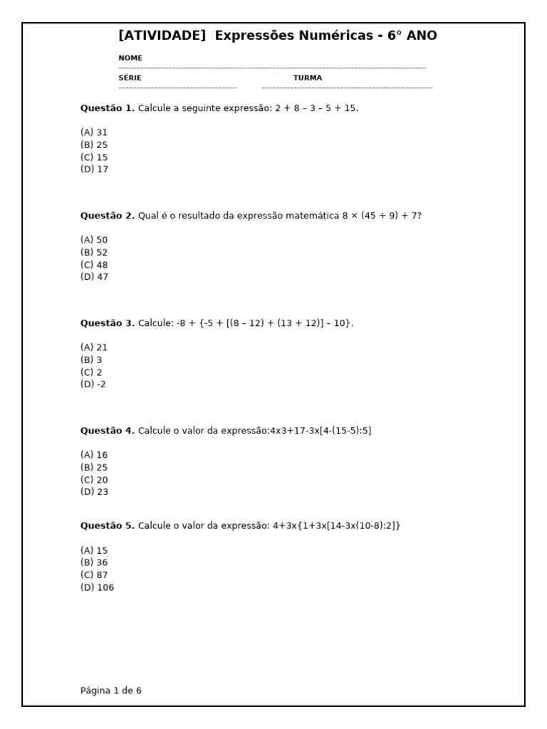 (ATIVIDADE) Expressões Numéricas - 6° ANO | PDF | Matemática elementar | Aritmética